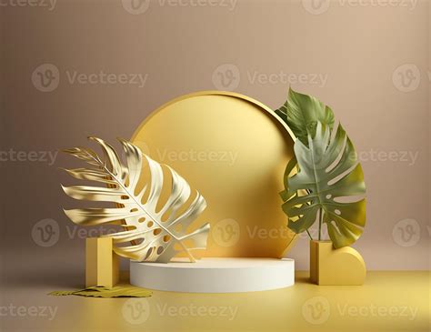 Illustrations Yellow Golden Stage Podium With Monstera Leaves Mock Up Product Display Showcase