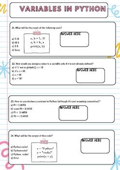 Variables In Python Programming Interactive Worksheet Digital ExamSheet