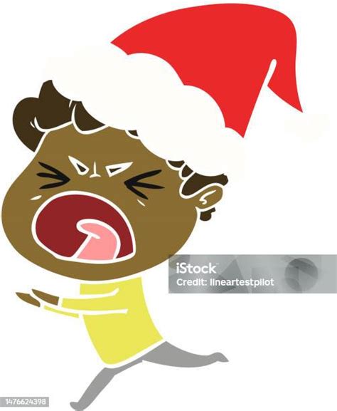 산타 모자를 쓴 분노한 남자의 손으로 그린 평면 컬러 그림 격노한에 대한 스톡 벡터 아트 및 기타 이미지 격노한 공격성 낙서 드로잉 Istock