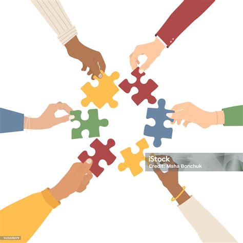 팀워크 퍼즐을 들고 다민족 그룹 협력과 파트너십의 개념 플랫 스타일 벡터 일러스트 레이 션 가공의 인물에 대한 스톡 벡터 아트 및 기타 이미지 Istock