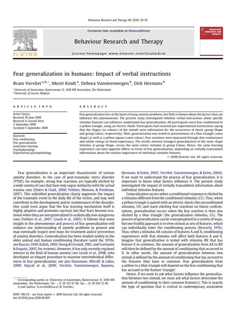 Fear Generalization In Humans Impact Of Verbal Instructions Pdf