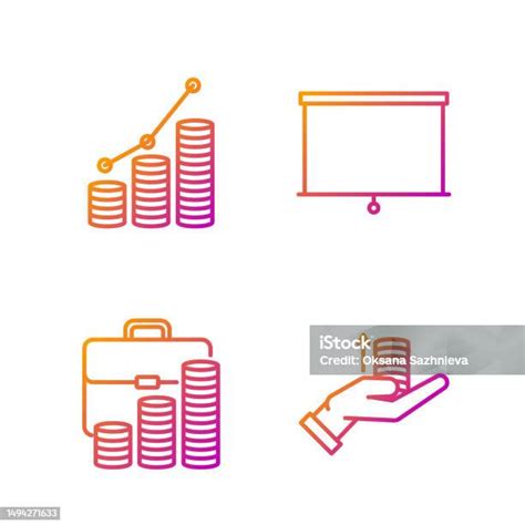 손에 돈 서류 가방과 동전 파이 차트 인포그래픽 동전과 칠판을 설정하십시오 그라데이션 색상 아이콘입니다 벡터 가방에 대한 스톡 벡터 아트 및 기타 이미지 Istock