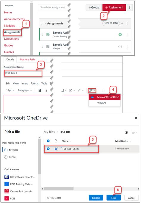 how to link embed onedrive file to a canvas assignment instruction uh