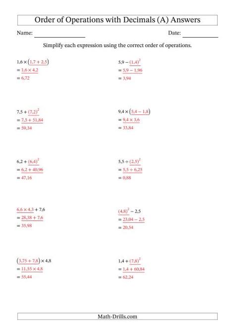 Order Of Operations With Positive Decimals Two Steps Comma Decimal Format A