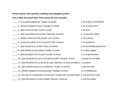 Preterit Regular Verbs Questions Matching And Conjugation Practice Teaching Resources