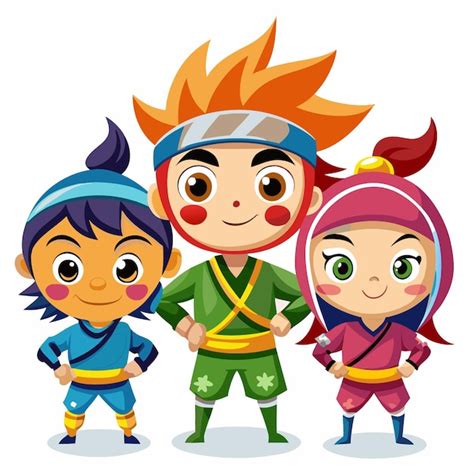 Three Cute Cartoon Ninjas With Different Colored Outfits And Poses