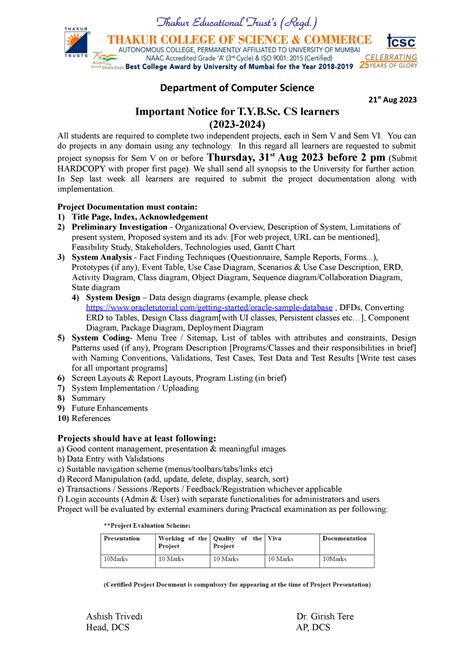 TYCS Project - Department of Computer Science 21 st Aug 2023 Important ...