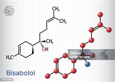 비사 보롤 알파 비 사보 롤 레보 메놀 분자 향수에 사용되는 천연 세스 퀴 테르펜 알코올입니다 구조 화학식 분자 모델 새장에 종이 한 장 Bisabolol에 대한 스톡 벡터