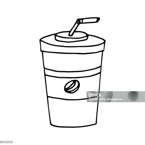낙서 스타일로 그려진 밀짚 손으로 컵에 들어가는 커피 간단한 스칸디나비아 스타일의 라이너로 패스트 푸드 음료 검은색에 대한 스톡