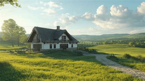 Beautiful Countryside House Surrounded By Green Fields Under Blue Sky