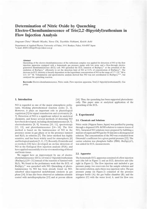 Pdf Determination Of Nitric Oxide By Quenching Electro Chemiluminescence Of Tris 2 2 Bipyridyl