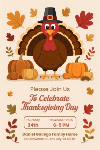 Einladungsvorlage Für Thanksgiving Truthahn Mit Herbstlichen Designelementen Kostenlose