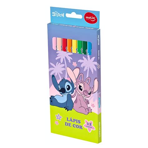 Lápis De Cor Stitch Disney 12 Cores Molin Papelaria Clip Cor