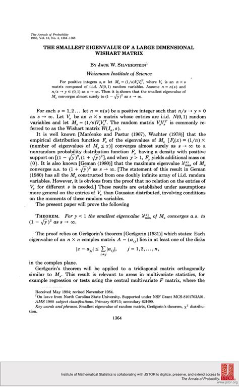 Pdf The Smallest Eigenvalue Of A Large Dimensional Wishart Matrix