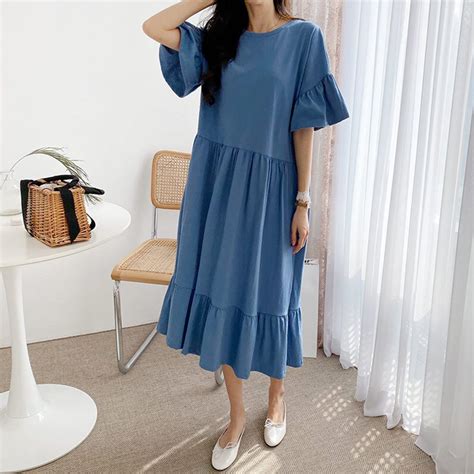 유야 면 무지 셔링 프릴 반팔 롱 원피스 바캉스 휴양지 Op0341 빅사이즈 루즈핏 여름 코디