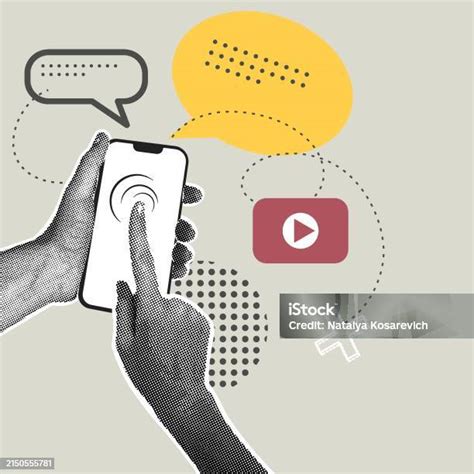 트렌디한 하프톤 콜라주 핸드폰을 잡고 사용하는 것 비즈니스 기술 마케팅 스마트폰 서비스 및 응용 프로그램의 벡터 일러스트레이션 휴대전화에 대한 스톡 벡터 아트 및 기타