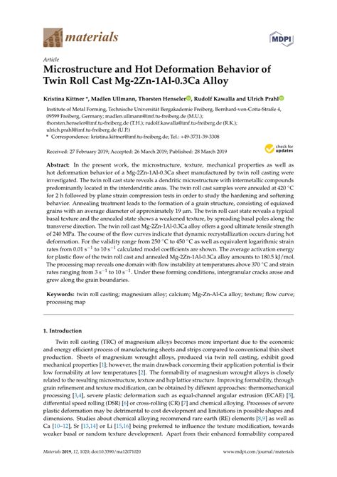 Pdf Microstructure And Hot Deformation Behavior Of Twin Roll Cast Mg 2zn 1al 0 3ca Alloy