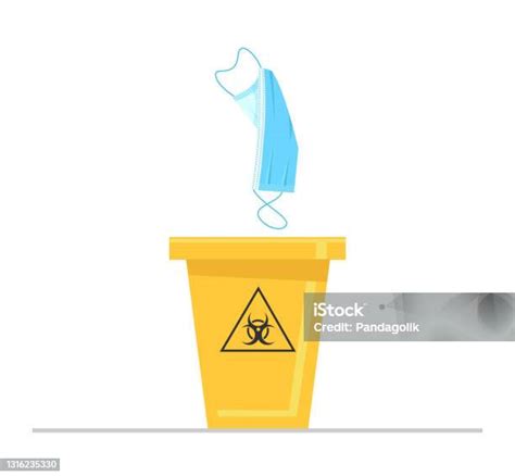 사용 된 수술 용 마스크를 올바르게 처리하는 방법 의료 폐기물에 대한 쓰레기통에서만 독성 폐기물에 대한 스톡 벡터 아트 및 기타