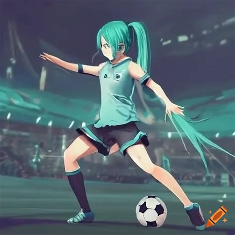 Miku Hatsune Dribbling A Football On The Soccer Field On Craiyon