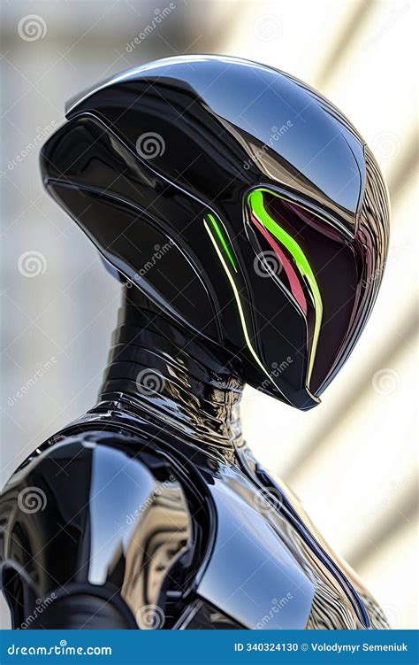 Futuristic Black Humanoid Robot with Sleek Helmet Design Showcased Against Urban Backdrop Stock ...