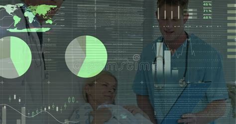 Image Of Infographic Interface Over Caucasian Doctors Discussing Reports With Female Patient