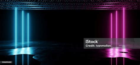 보라색과 파란색 빛나는 네온 튜브 라이트 빈 공간 벽지 배경 3d 렌더링 콘크리트 젖은 바닥에 공상 과학 미래 지향적인 현대 어두운 무대 구조 3차원 형태에 대한 스톡 사진