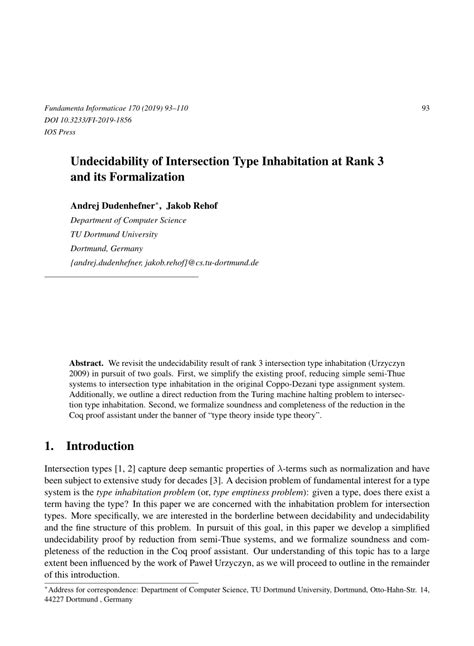 Pdf Undecidability Of Intersection Type Inhabitation At Rank 3 And Its Formalization