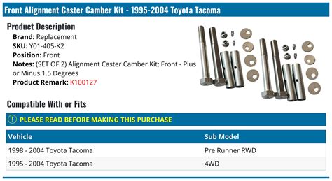 1995 2004 Toyota Tacoma Alignment Caster Camber Kit Replacement Y01