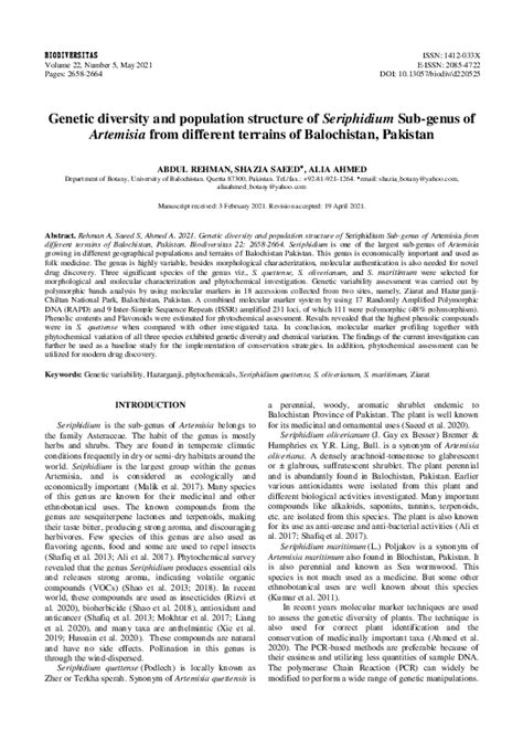 Pdf Genetic Diversity Of Seriphidium In Balochistan Pakistan
