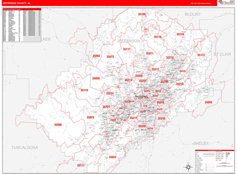 Jefferson County Al Zip Code Wall Map Red Line Style By Marketmaps