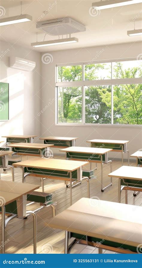 Empty Desks And Chairs Sit In An Empty Classroom Of A Japanese School