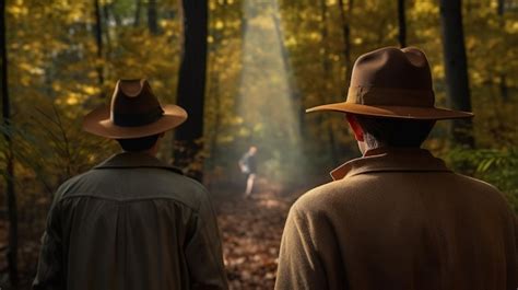 Premium Ai Image Two Men Stand In A Forest Looking At A Man Running