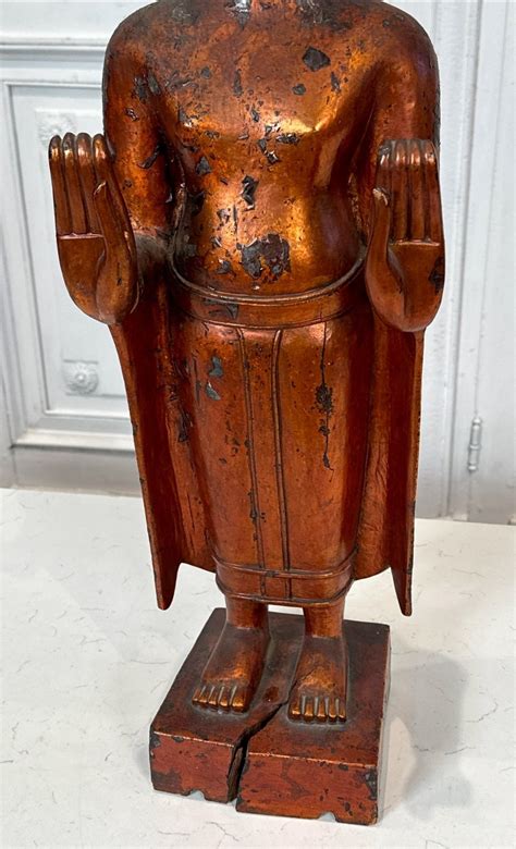 Large Antique Khmer Carved Gilt Lacquered Standing Buddha Figure Statue