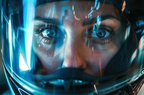 Premium Photo | Intense Gaze of Woman in Futuristic Helmet Reflecting City Lights