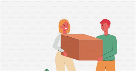 골판지 상자를 들고 있는 행복한 커플 만화 남자와 여자가 집을 옮기고 포장된 상자를 함께 들고 있다 젊은 가족 재배치 평면 격리 벡터 그림입니다 벡터