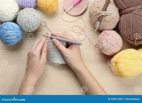 A Woman Crocheting White Lace Doily Cotton Yarn Top View Of Crochet