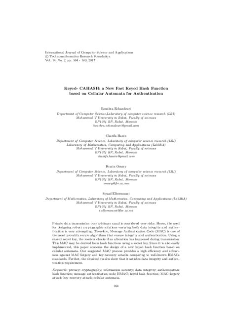 Pdf Keyed Cahash A New Fast Keyed Hash Function Based On Cellular