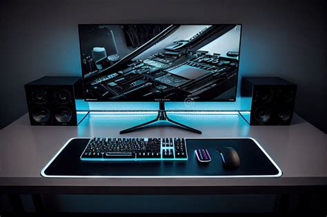 a sleek and modern desk with a large monitor keyboard and mouse stock