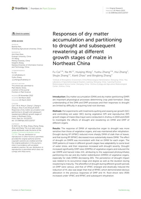 Pdf Responses Of Dry Matter Accumulation And Partitioning To Drought And Subsequent Rewatering