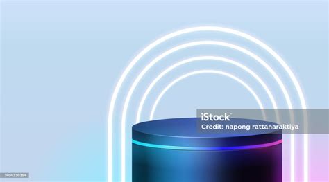 파스텔 색상 배경으로 제품 디스플레이 프리젠 테이션을 위해 빛나는 3d 네온 연단이있는 미래 지향적 인 사이버 무대 0명에 대한 스톡 벡터 아트 및 기타 이미지 Istock