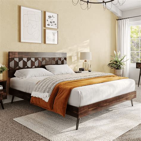 Aile Patronza King Solid Wood Bed Frame Platform Bed Rhombus Pattern