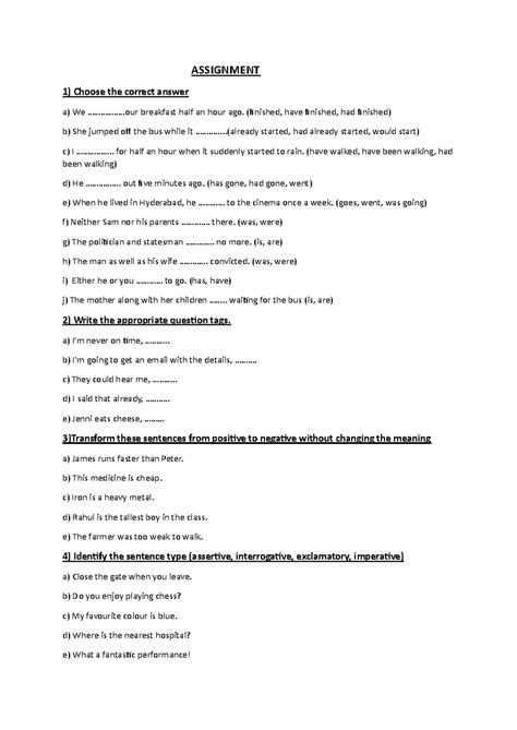 Grammar Assignment Assignment 1 Choose The Correct Answer A We