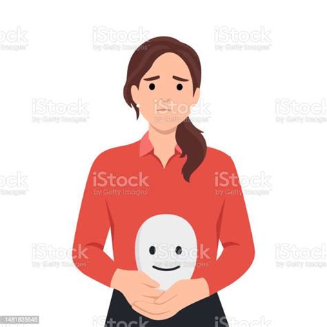 감정 성격 심리학 위장 개념 우울한 젊은 여성 만화 캐릭터는 얼굴 벡터 위에 막대기에 긍정적인 마스크를 들고 서 있다 마스크에 대한 스톡 벡터 아트 및 기타 이미지 Istock