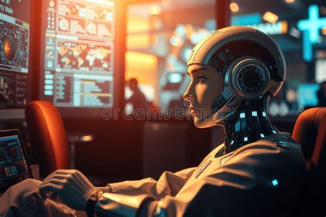 Humanoid Robot With Futuristic Design Works On Computer In High Tech Environment Surrounded By