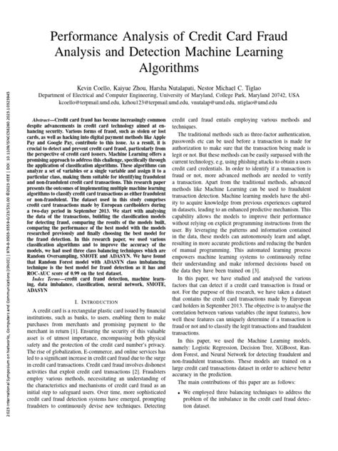 Performance Analysis Of Credit Card Fraud Analysis And Detection Machine Learning Algorithms Pdf
