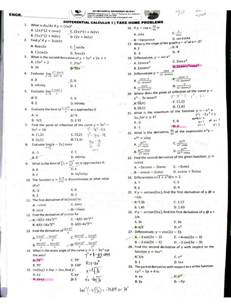 Day 10 Differential Calculus 1 L Take Home Problems Pdf