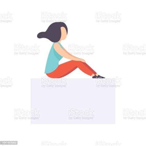 흰색 배경에 사이드 뷰 벡터 일러스트 레이 션 캐주얼 옷에 앉아 젊은 갈색 머리 여자 개념과 주제에 대한 스톡 벡터 아트 및 기타 이미지 개념과 주제 거리 교육