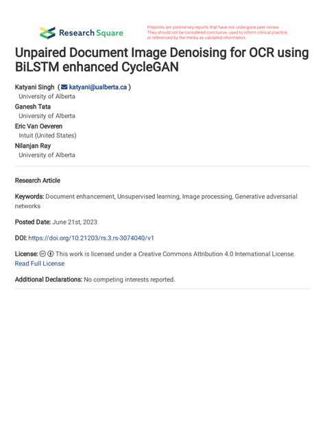 Pdf Unpaired Document Image Denoising For Ocr Using Bilstm Enhanced Cyclegan