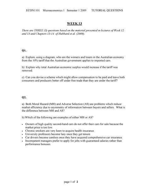 ECON Tutorial Week ECON Microeconomics Semester TUTORIAL QUESTIONS WEEK