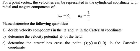 Solved For A Point Vortex The Velocities Can Be Represented